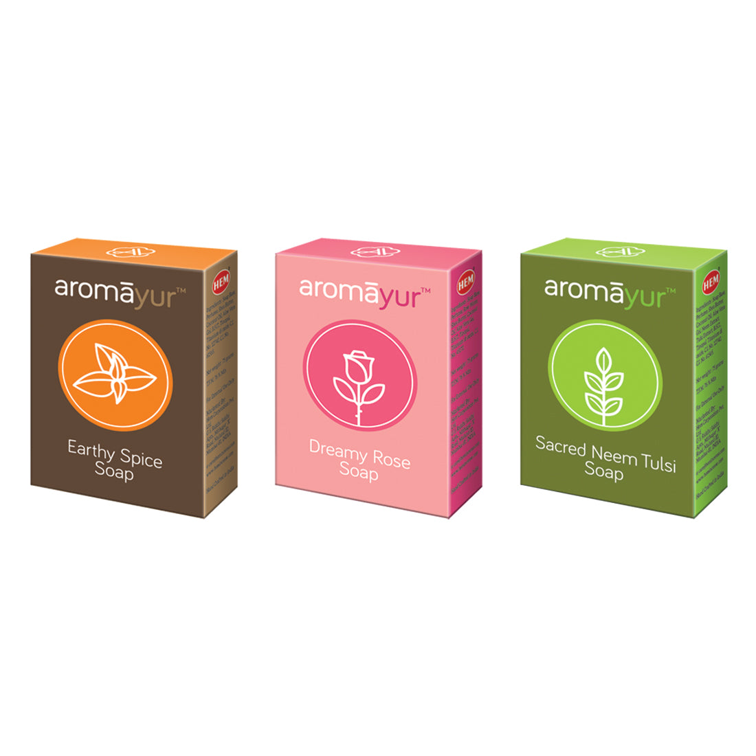 HEM Aromayur Aroma Soaps - Earthy Spice, Sacred Neem Tulsi & Dreamy Ro